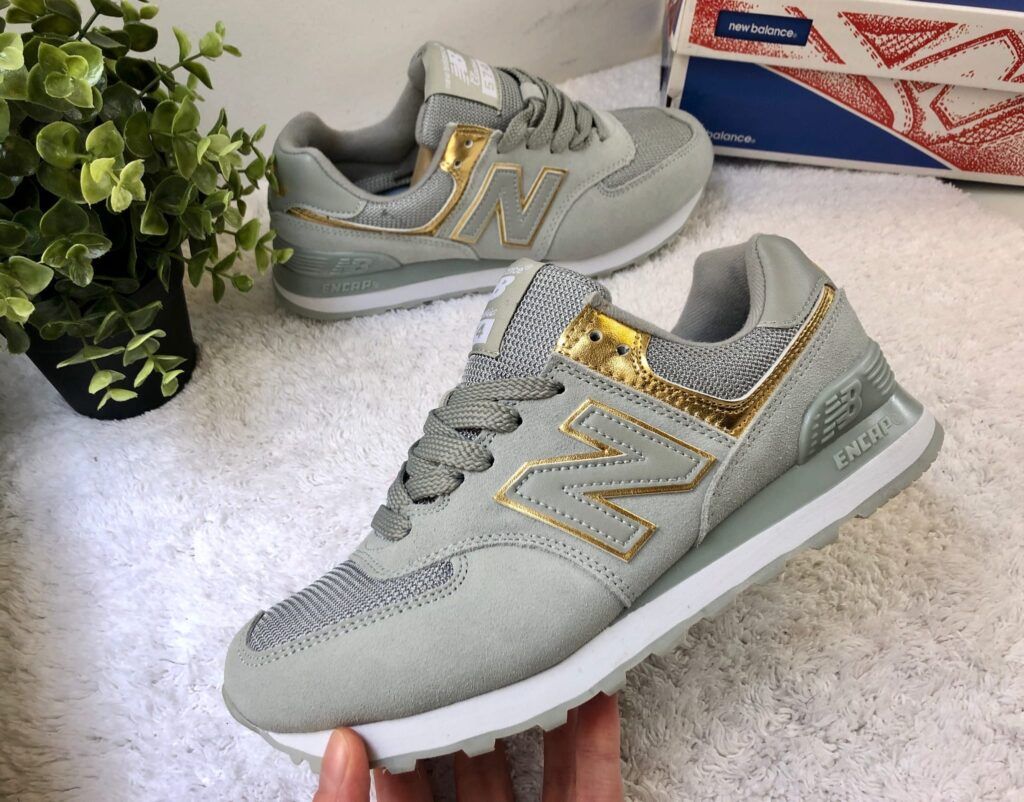 Купить кроссовки New Balance 574 серые с золотой отделкой и доставкой ...